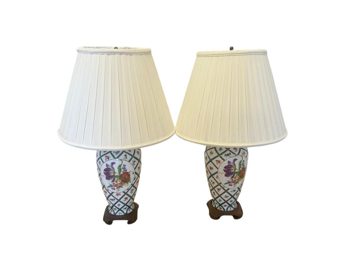 Italian Elios Hand-Painted Vase Table Lamps, Pair